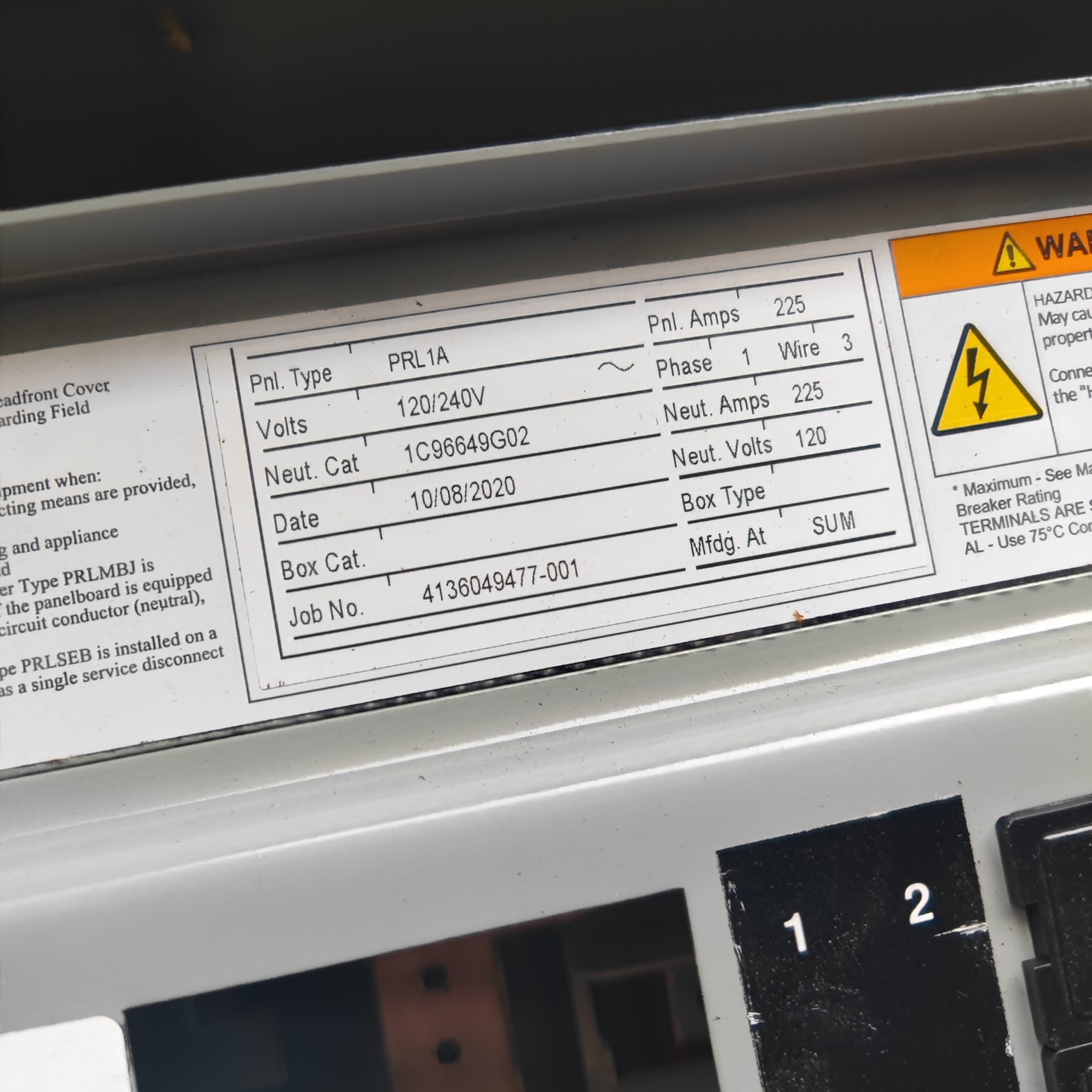 Panelboard EATON PRL1A, 225A, 240V/120V, 1PH/3W, 18Sp, NEMA 3R, 36 Inc ...