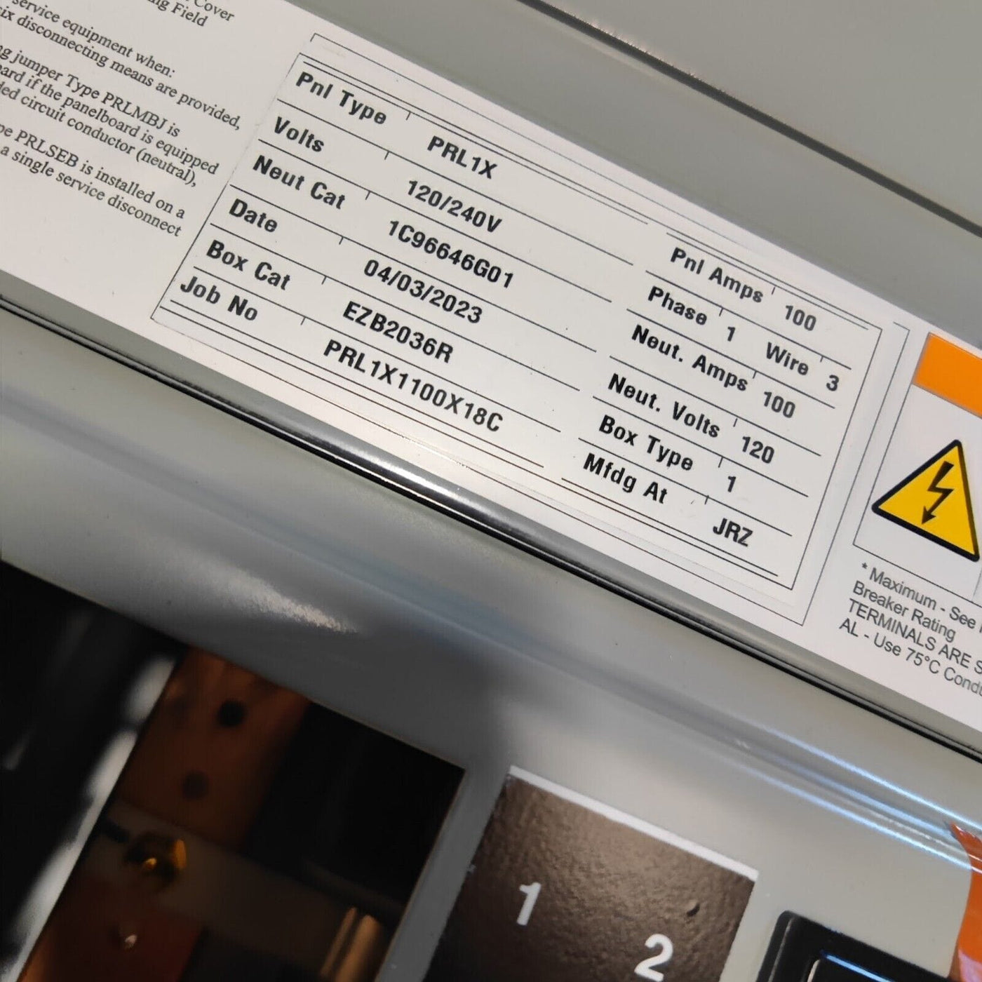 PANELBOARD EATON PRL1x, 100 AMP, 240/120V, 1PH/3W, 18Sp, NEMA 1, 36 In ...