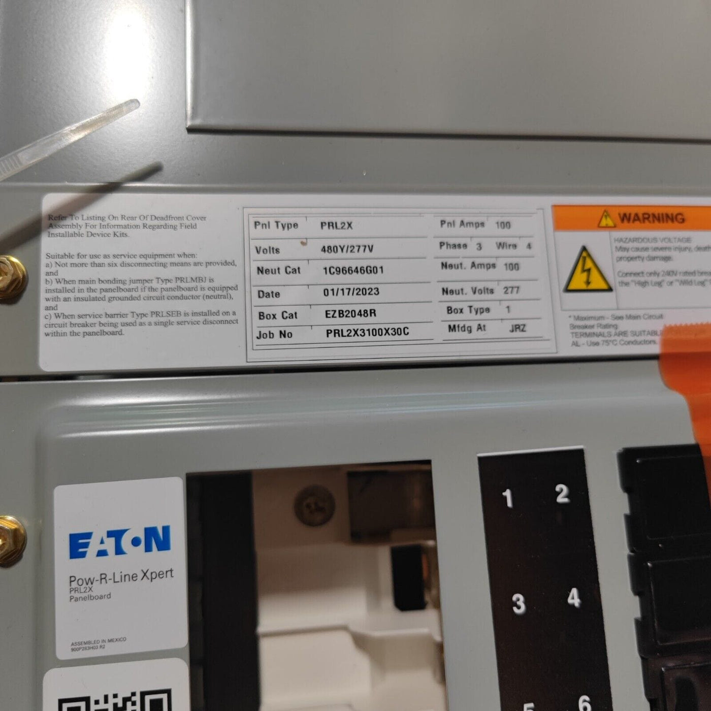 Panelboard EATON PRL2x, 100 AMP, 480Y/277V, 3PH/4W, 30Sp, NEMA 1, 48 i ...