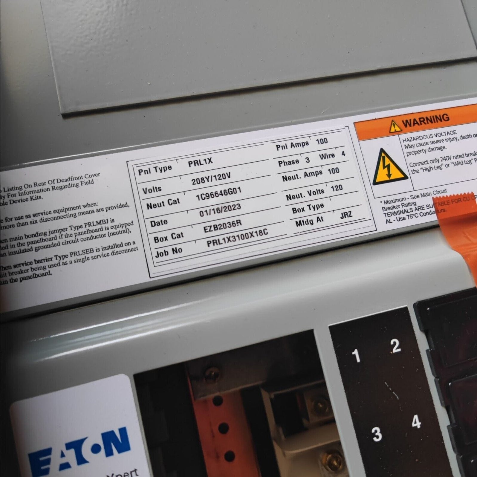 Panelboard EATON PRL1x, 100 AMP, 208Y/120V, 3PH/4W, 18Sp, NEMA 3R, 36 ...